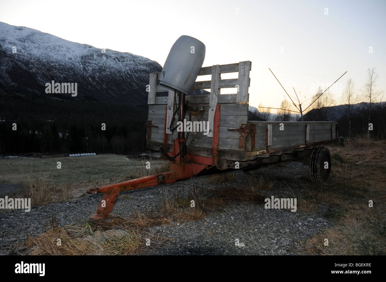 A farm trailer in Norway at dusk Stock Photo - Alamy