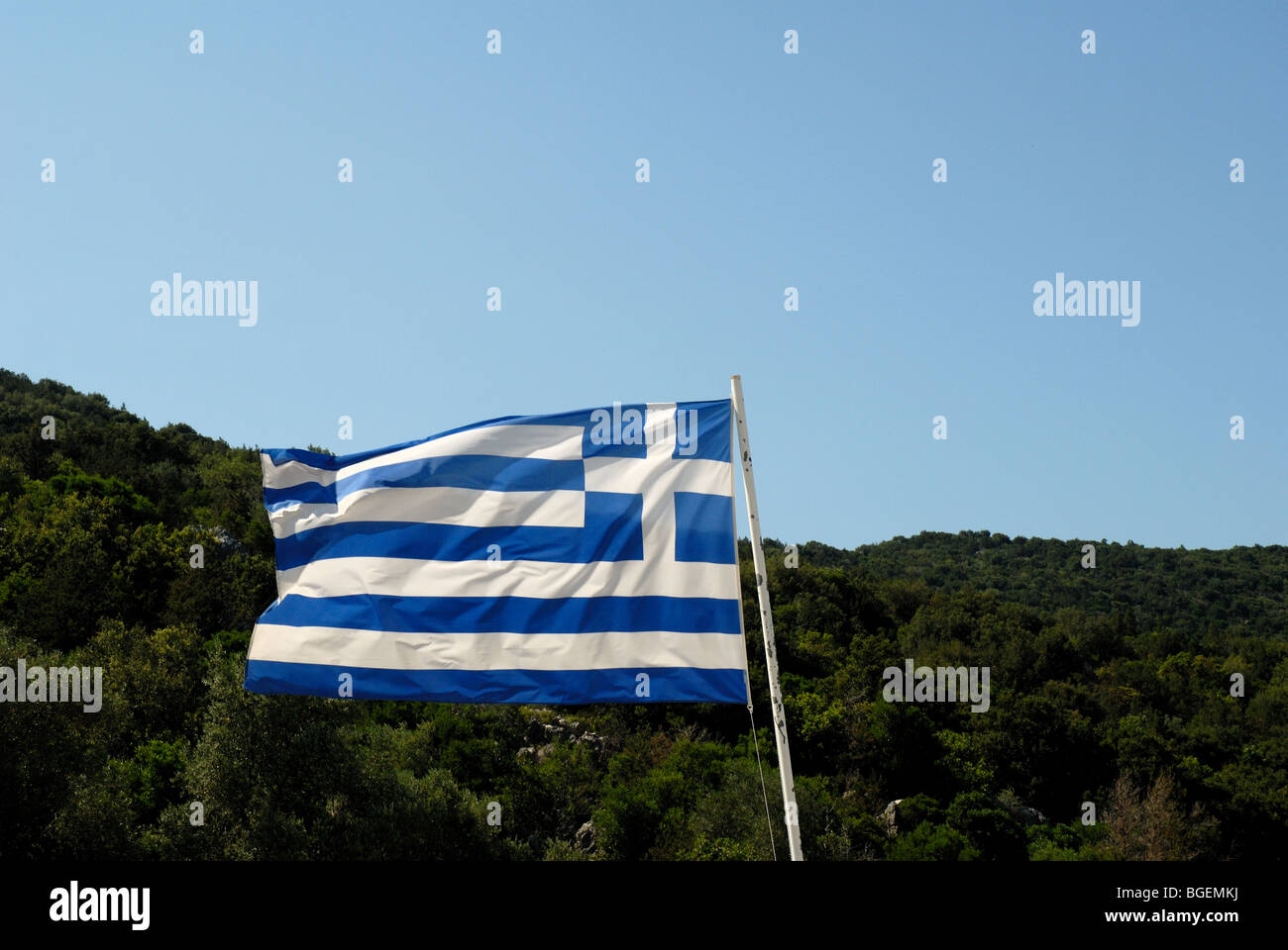 Greek Flag at Antisamos Bay on the Island of Kephalonia on the West ...