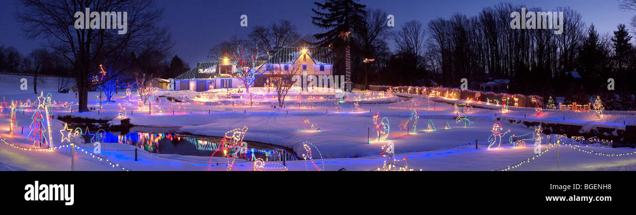 Christmas Lights On House With Snow At Night, Philadelphia, USA Stock ...