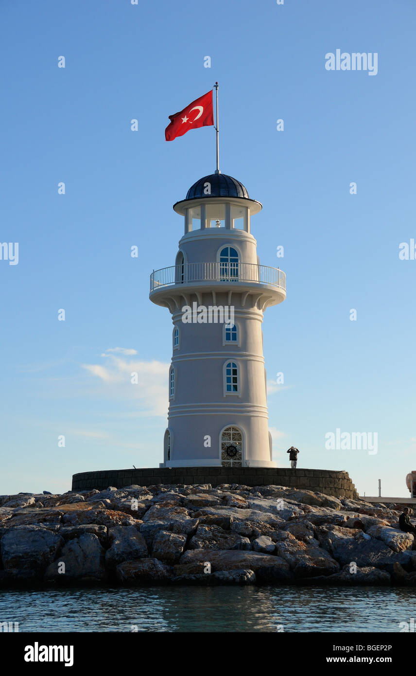 Lighthouse with turkish flag in the harbour of Alanya, Turkey, Türkiye ...