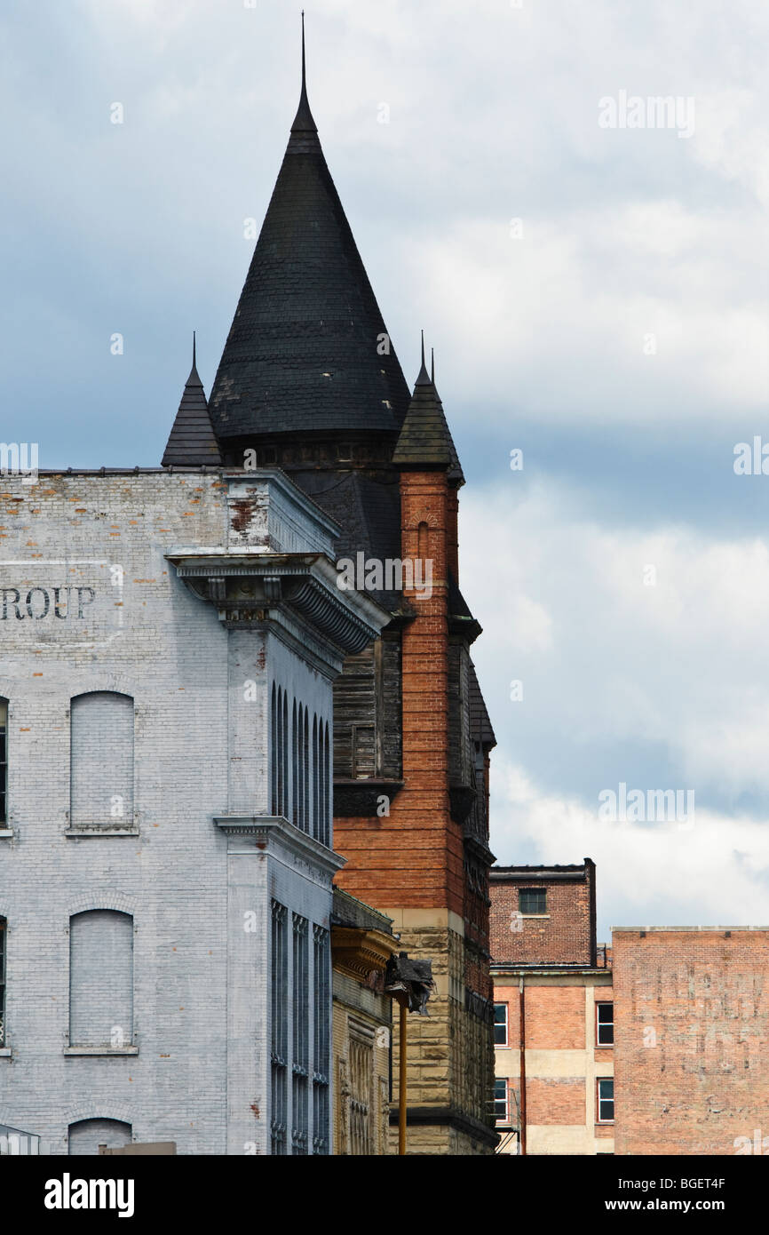 Old buildings and the abandoned Pythian Castle along Jefferson Ave in ...
