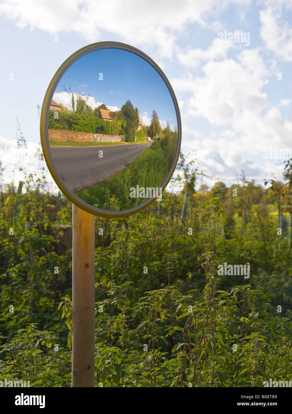 A roadside mirror, to show any oncoming traffic round the bend. Borders ...