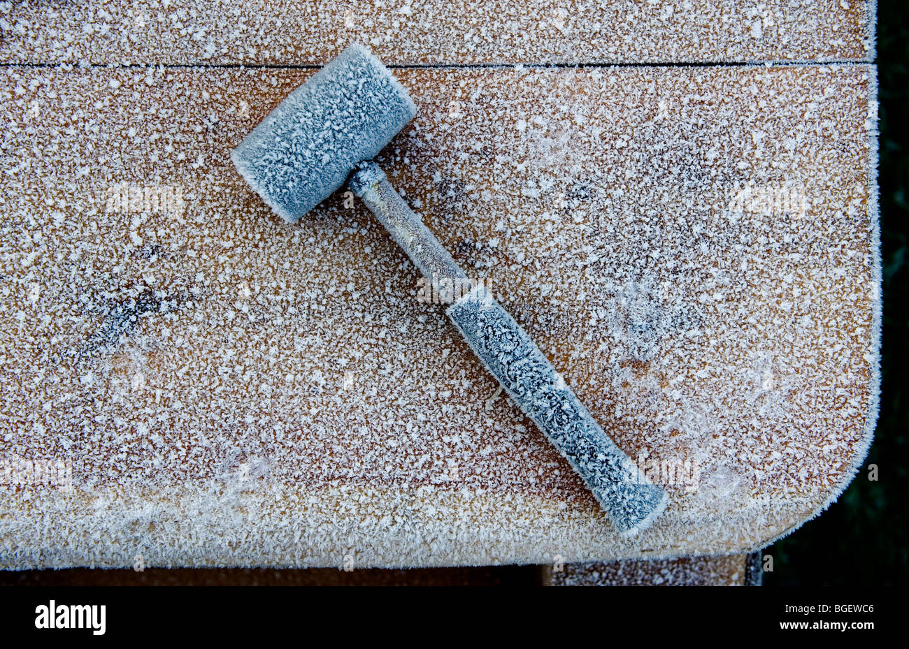 Frost Covered Mallet on Garden Table,Suffolk,Britain Stock Photo - Alamy