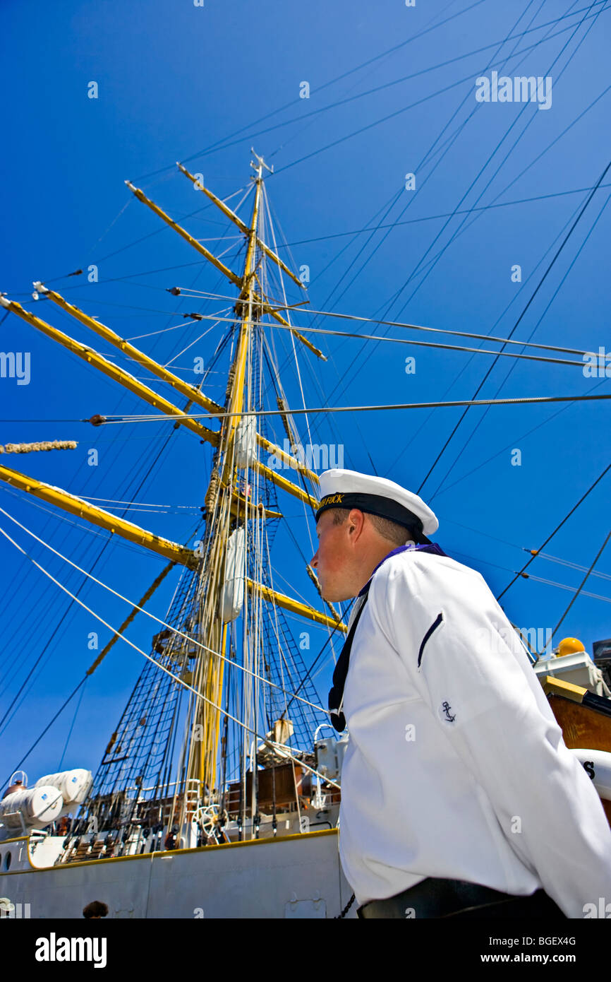 A trainee guarding the ramp of the Gorch Fock, a training sailing ship ...