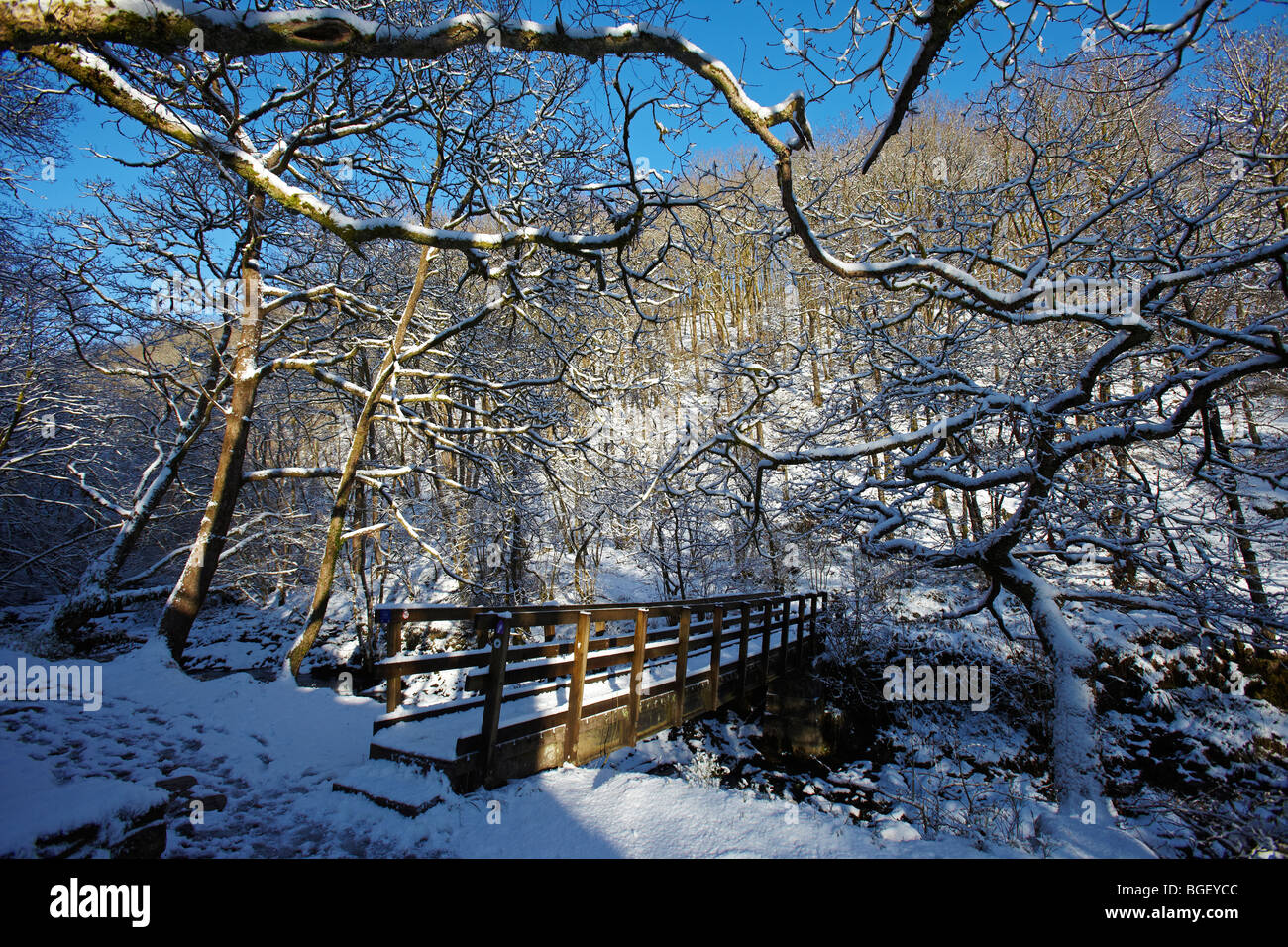 Wooden Bridge over River Nedd Fechan in a Winter Snowy scene in ...