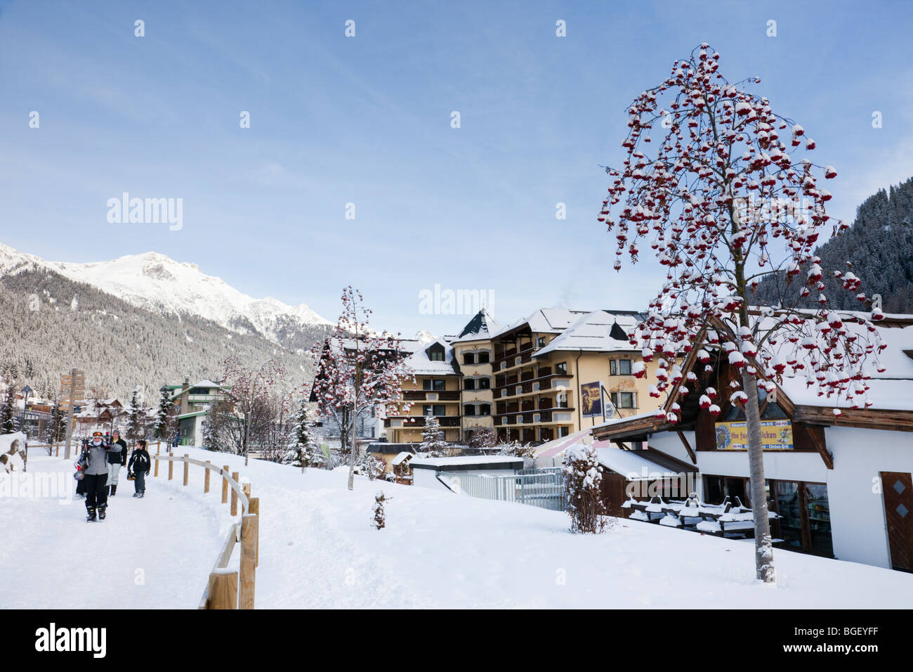 St Anton am Arlberg, Tyrol, Austria, Europe. Town centre covered with ...