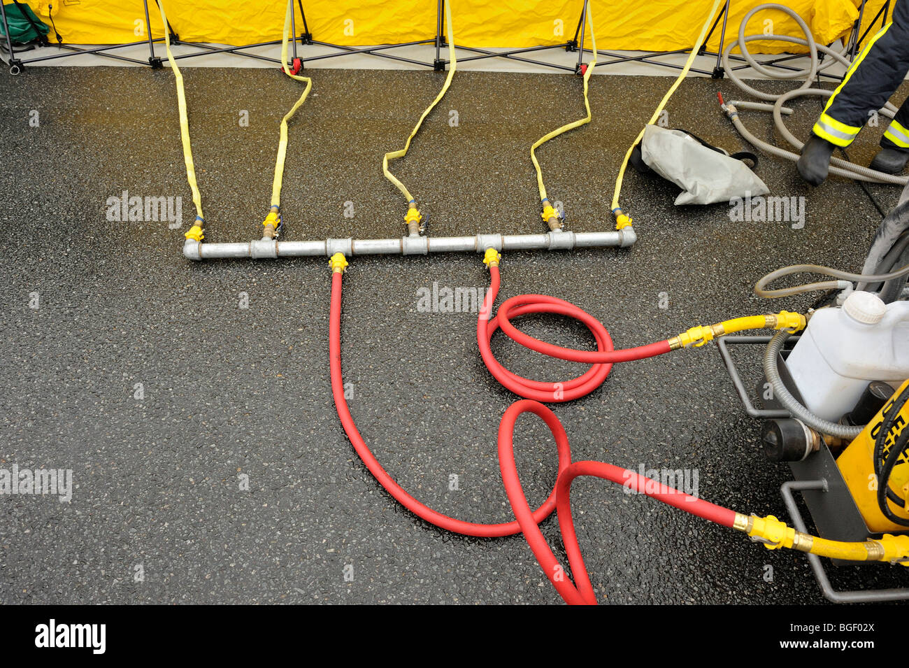 Fire Service Mass Decontamination shower showing warm wash water feeds ...