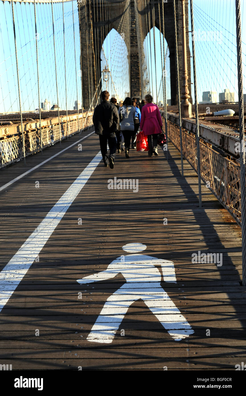 Pedestrian path across the Brooklyn Bridge in Manhattan New York USA ...