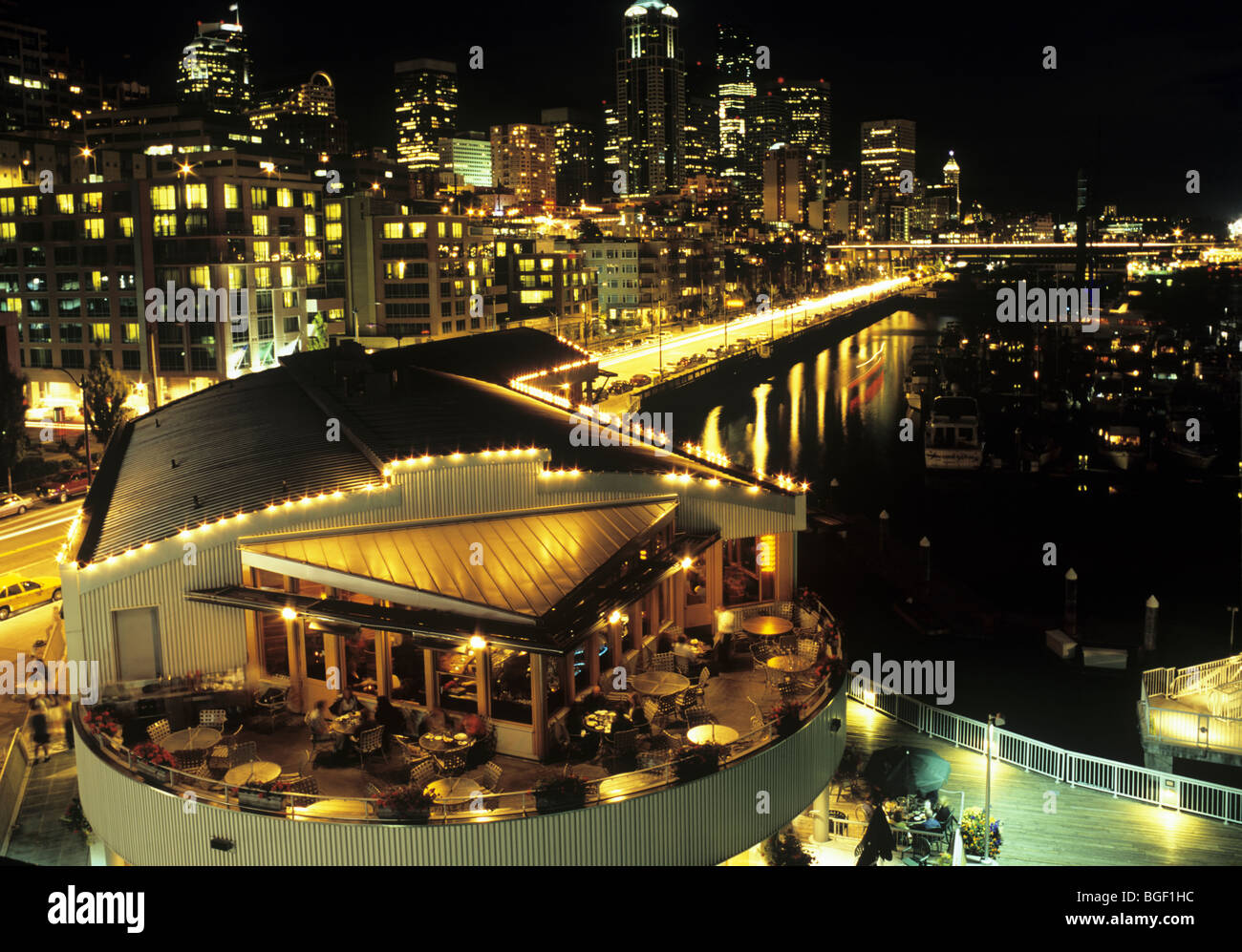 Seattle, Washington State, USA. Downtown and waterfront buildings lit ...