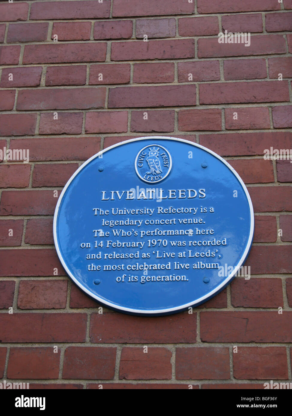 Blue plaque commemorative sign for The Who's Live at Leeds concert held ...