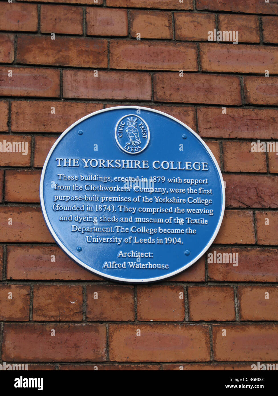 Blue plaque commemorative sign on a wall for the Yorkshire College ...