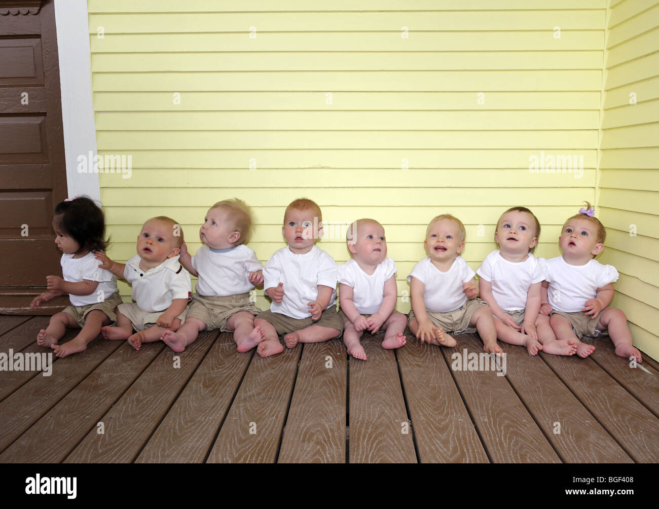 Eight babies lined up for a group portrait Stock Photo - Alamy