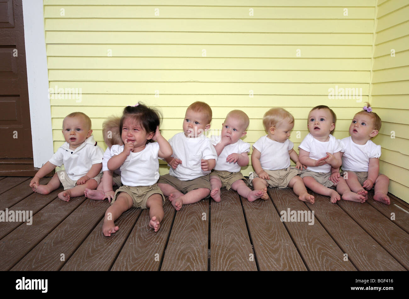 Eight babies lined up for a group portrait Stock Photo - Alamy