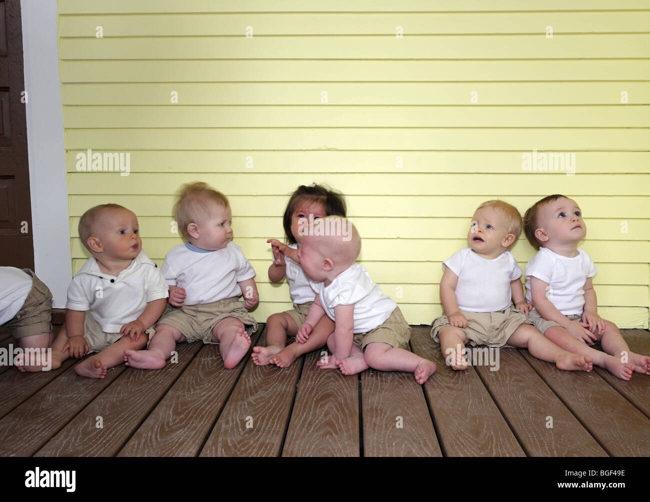Seven babies lined up for a group portrait, not all cooperating Stock ...