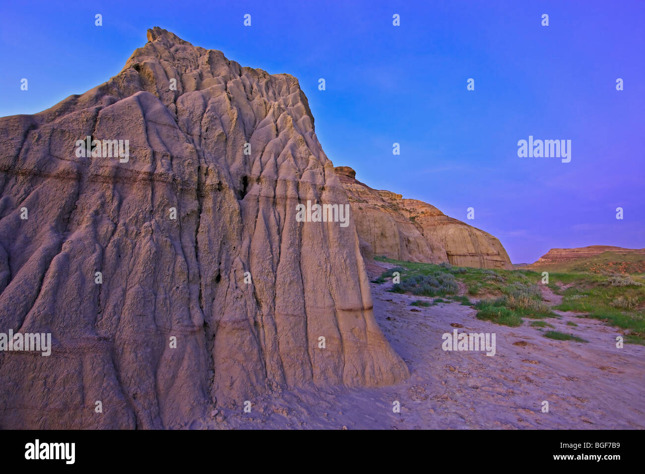 Formations of Castle Butte during dusk in Big Muddy Badlands, Southern ...