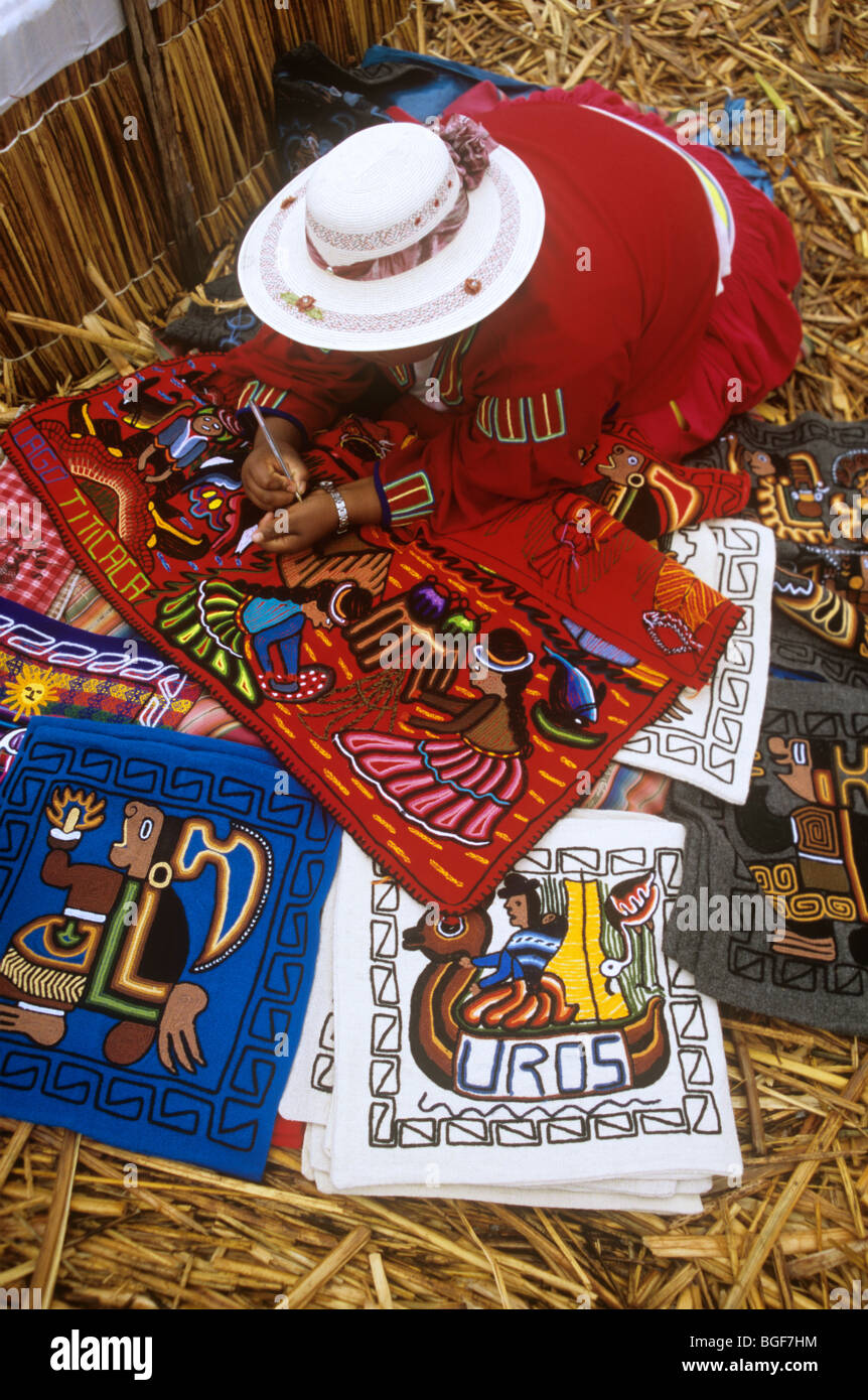 Uros Indian woman, & needlework pictures. Puno. Lake Titicaca. Peru ...