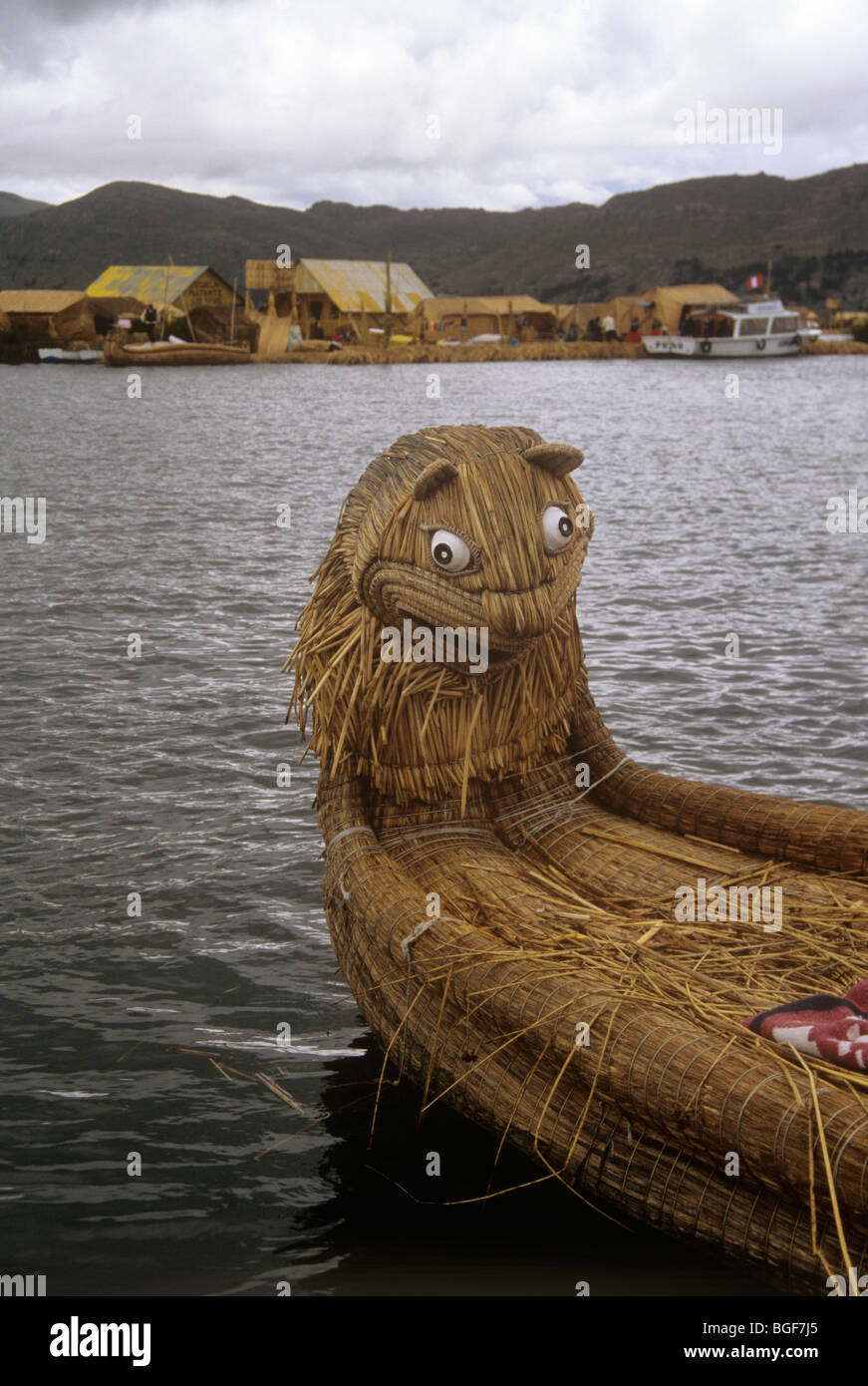 Uros Indian traditional boat made of totora reeds. Lake Titicaca. Peru ...