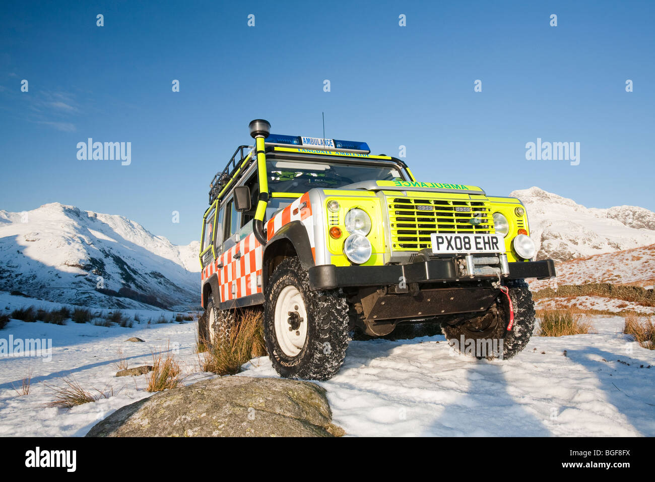 A mountain rescue land rover in the Langdale mountains, Lake district ...