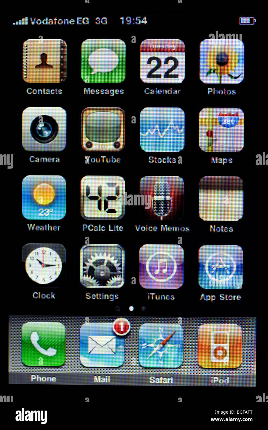 screen of Apple iPhone showing applications on home page with one new ...