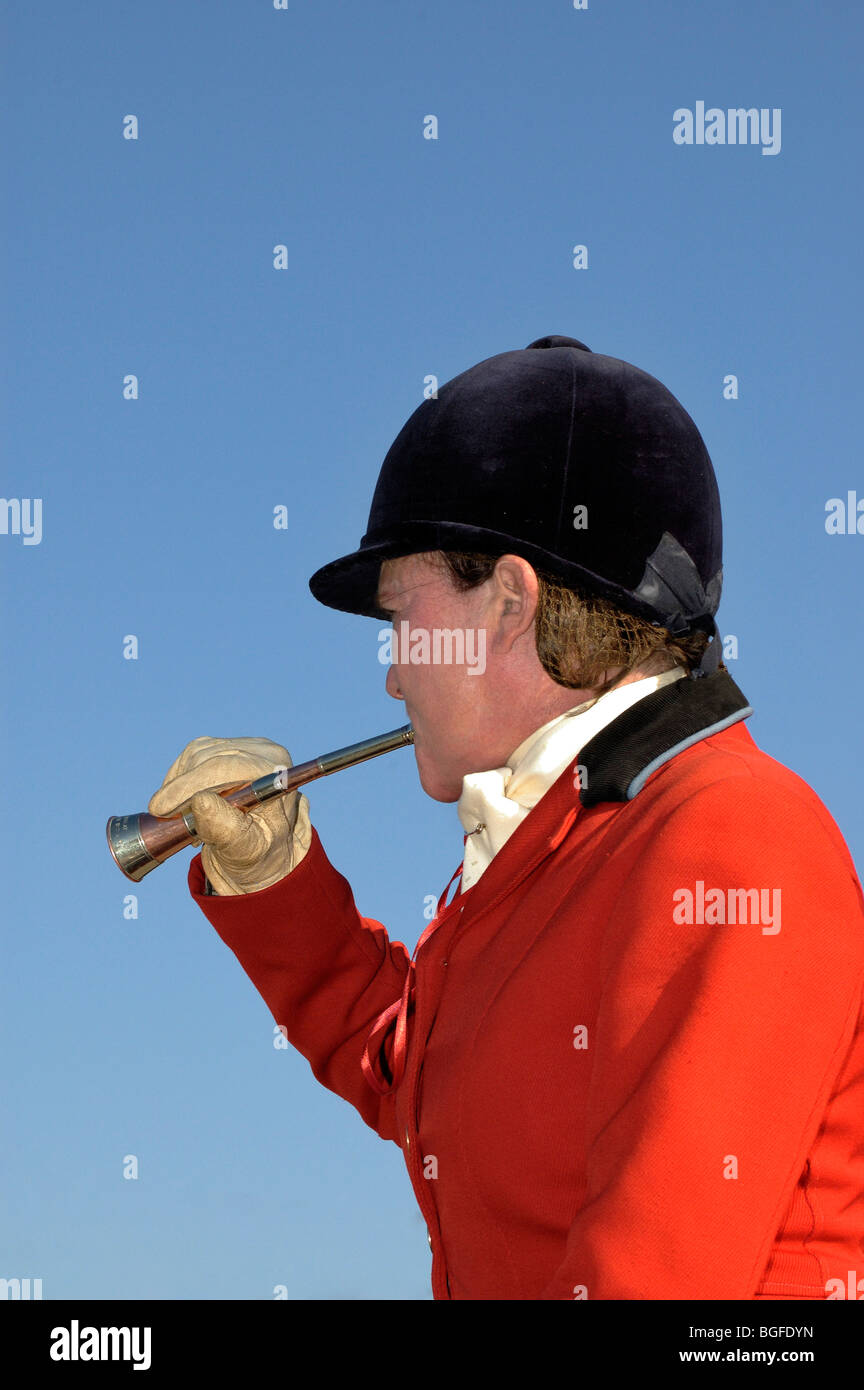 Huntsman blowing horn to call fox hounds at the Iroquois Hunt in ...