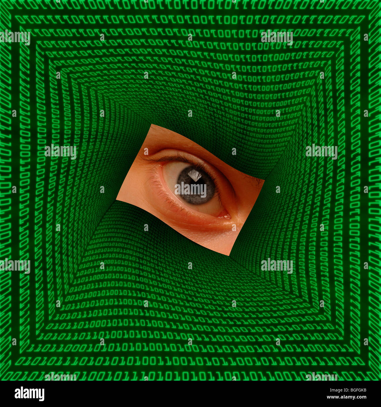 Eye in the center of a square vortex of binary code Stock Photo - Alamy