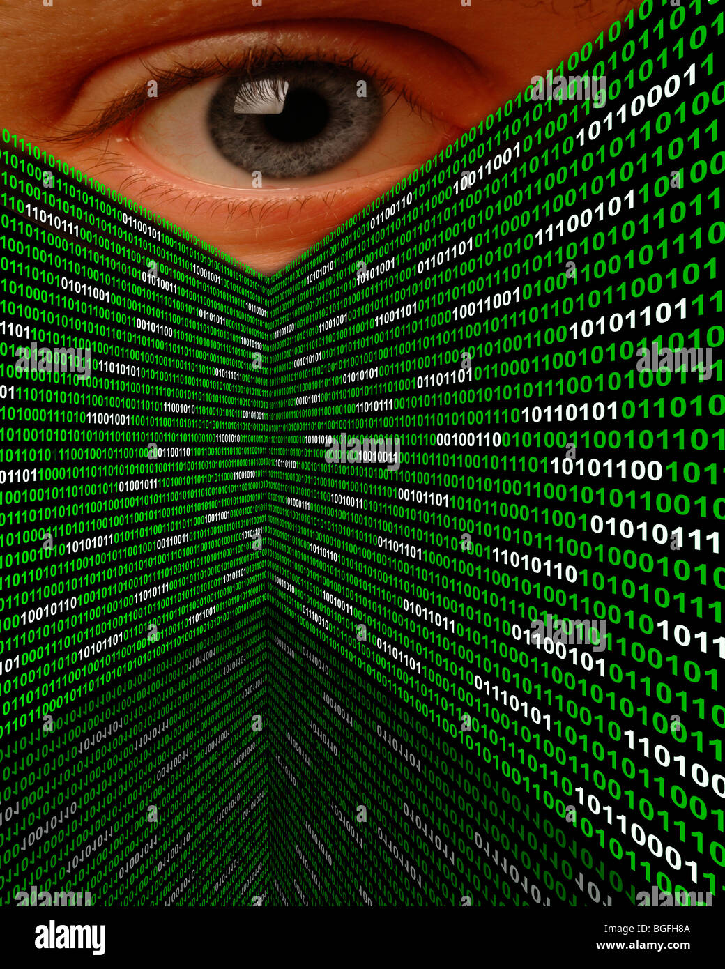 A large eye peering over walls of binary code Stock Photo - Alamy