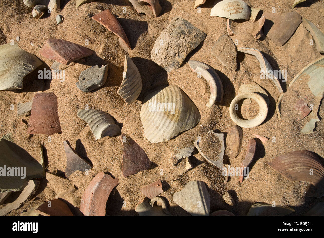 Piles of ancient pottery shards on the desert floor at Daydamus Roman ...