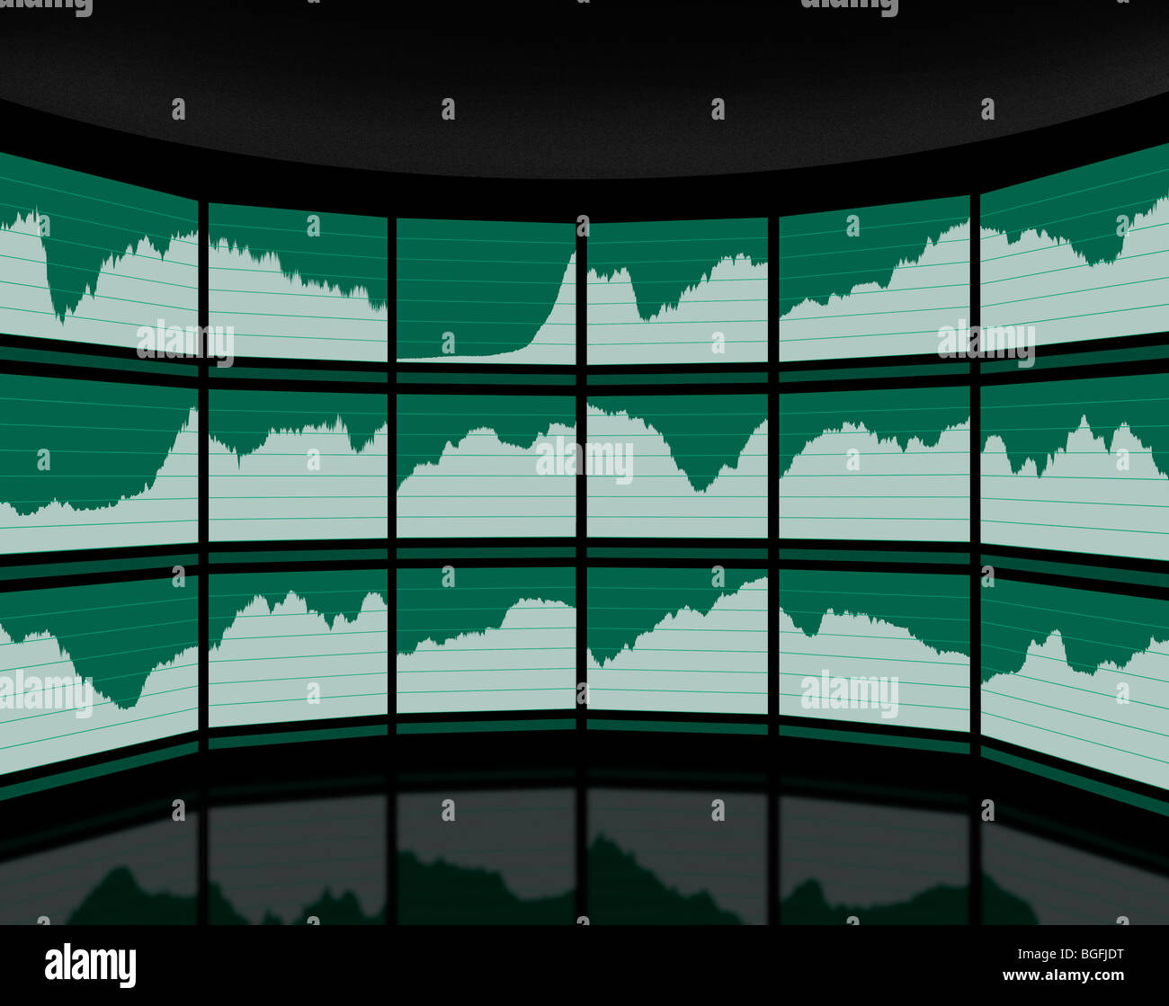 Curved walls with illuminated data graph screens Stock Photo - Alamy