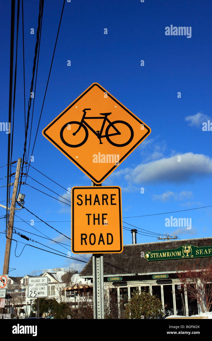 Sign warning motorists to mind bicyclists on the road, Port Jefferson ...