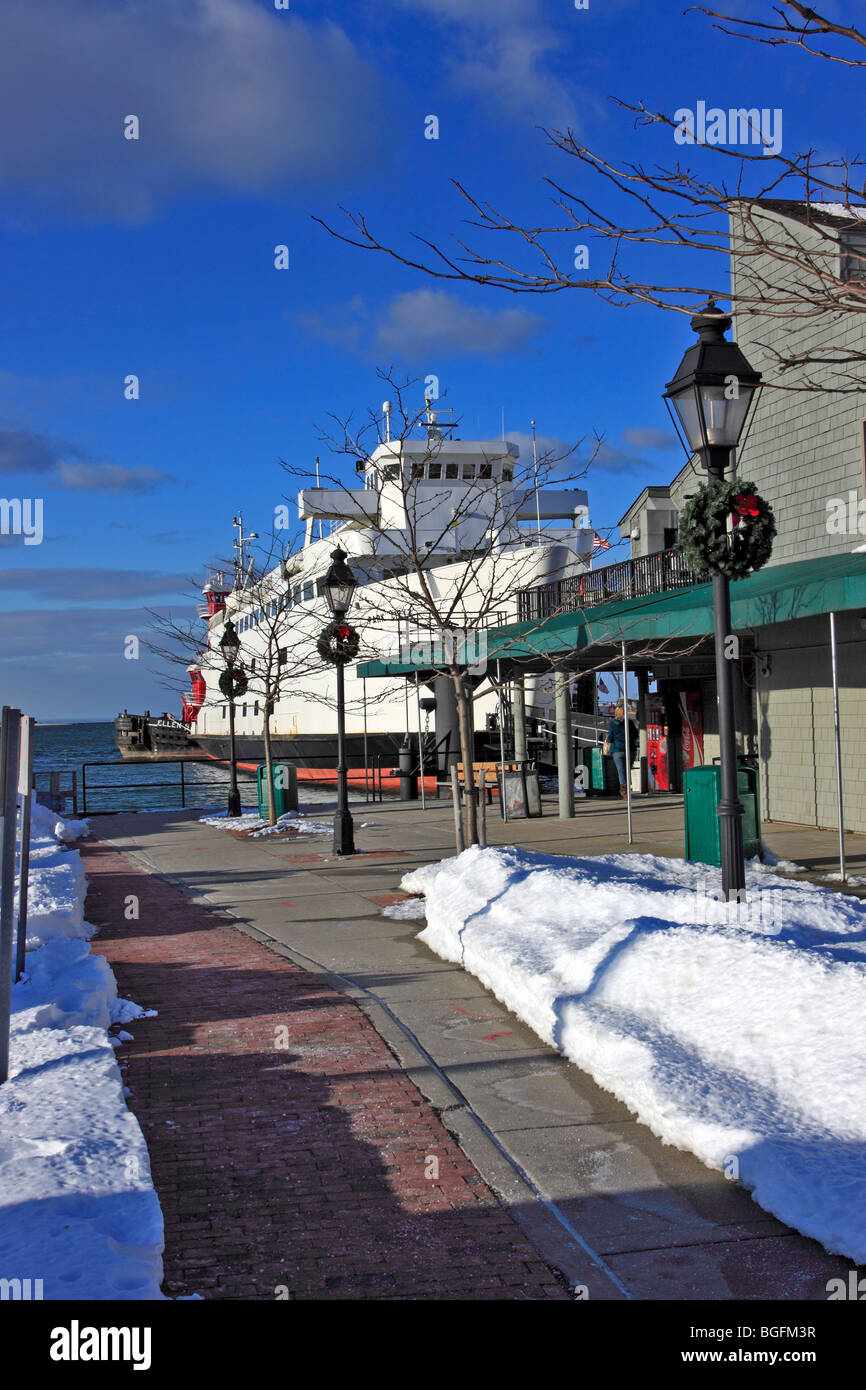 Car and passenger ferry docked at Port Jefferson harbor, Long Island ...