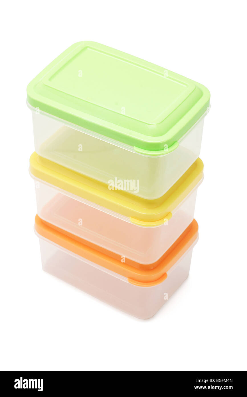 Three plastic containers isolated on white background Stock Photo - Alamy