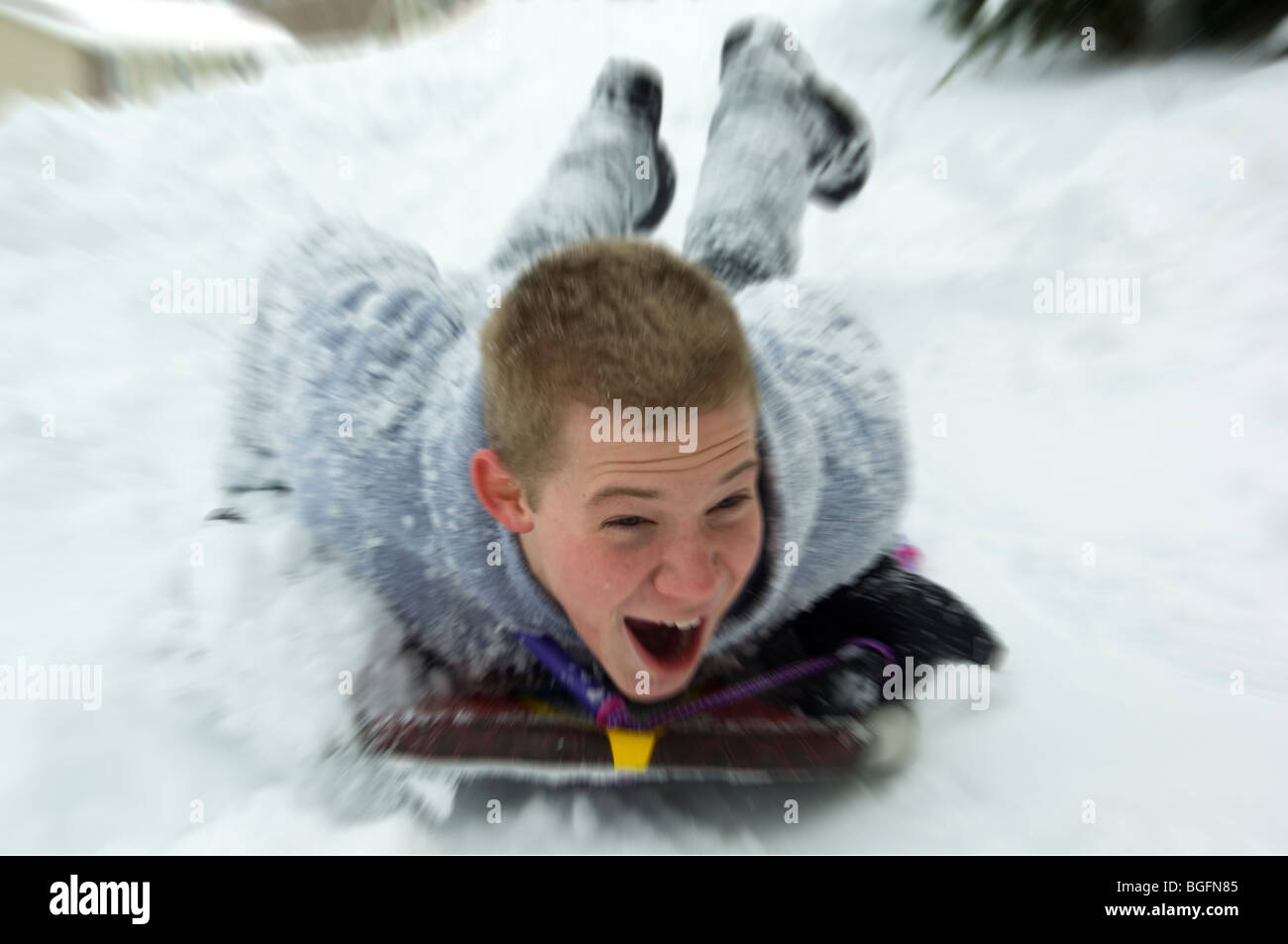 Teenage male sledding down hill Stock Photo - Alamy