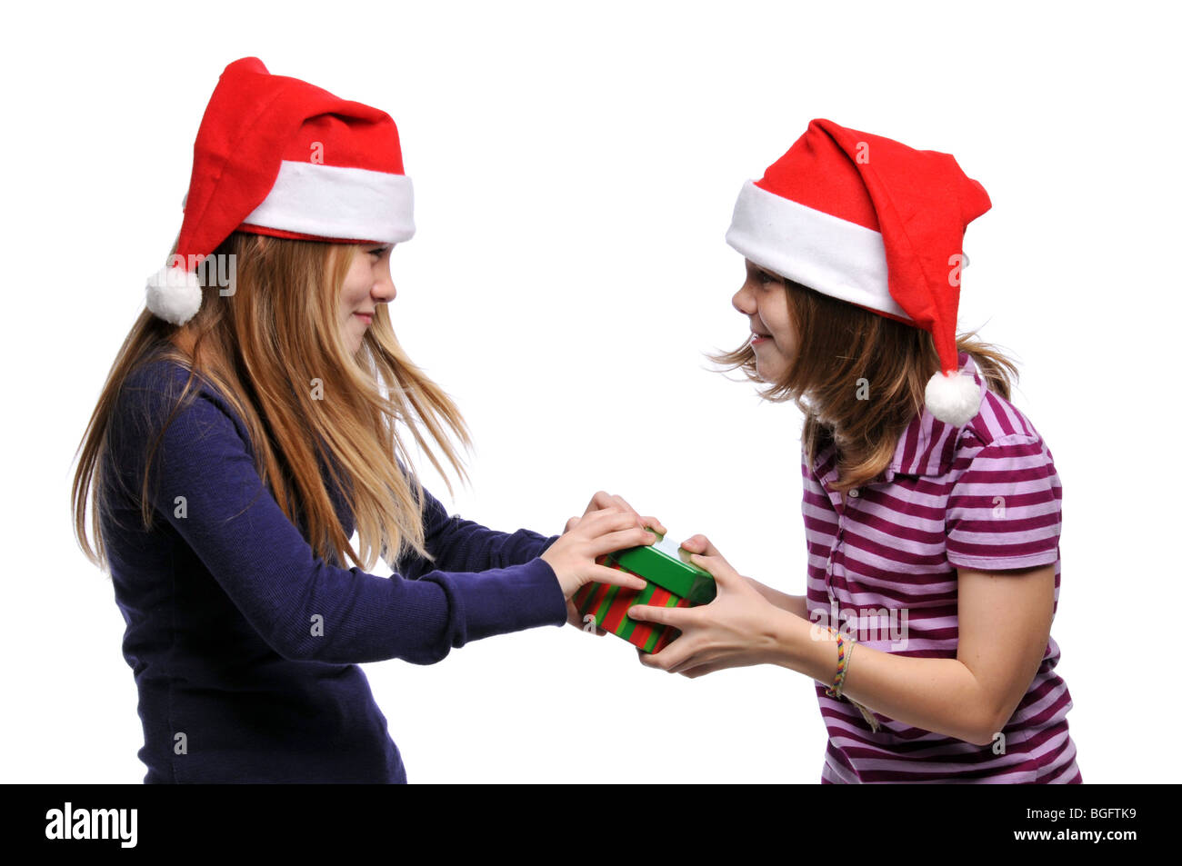 Two girls fighting over a present isolated on a white background Stock ...