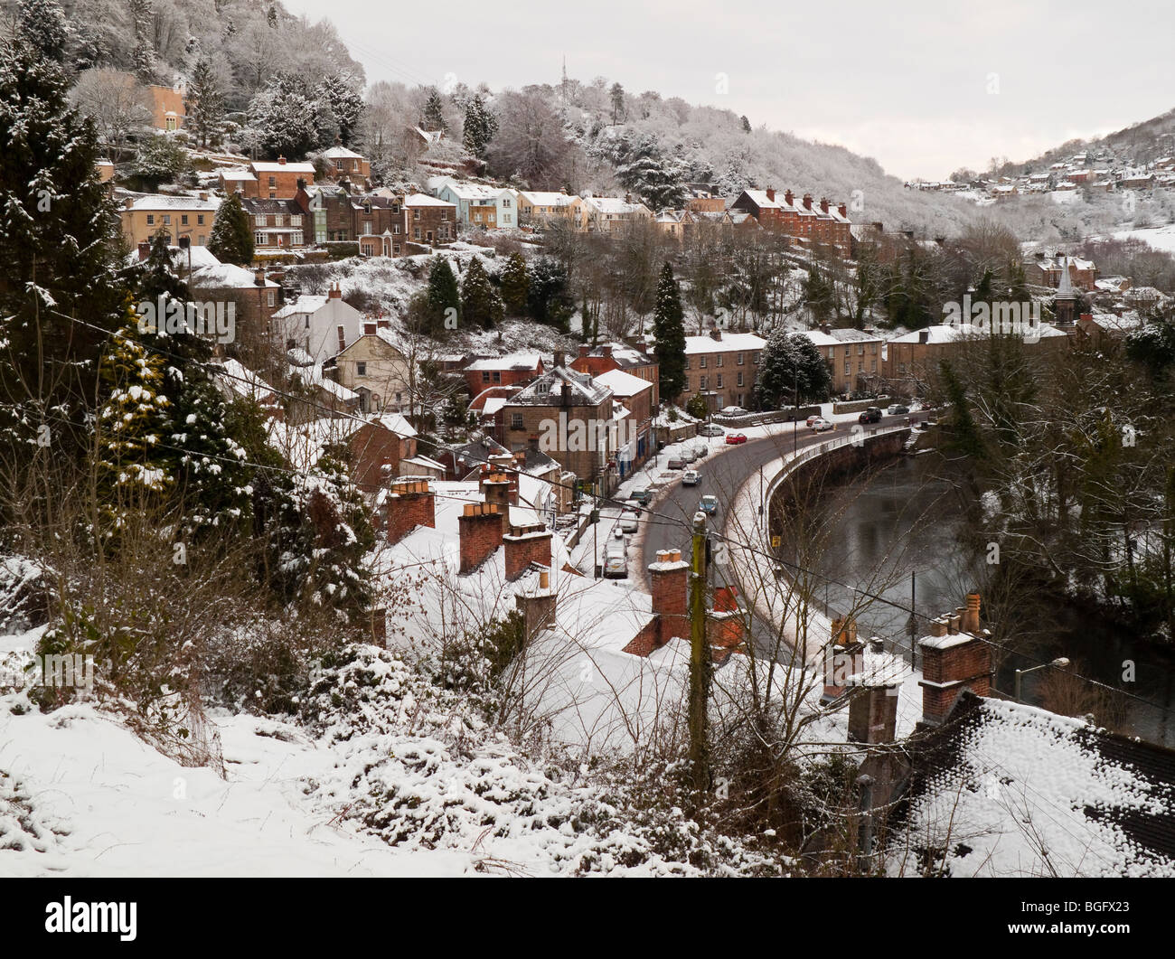 Snow scene at Matlock Bath in Derbyshire UK during the harsh winter ...