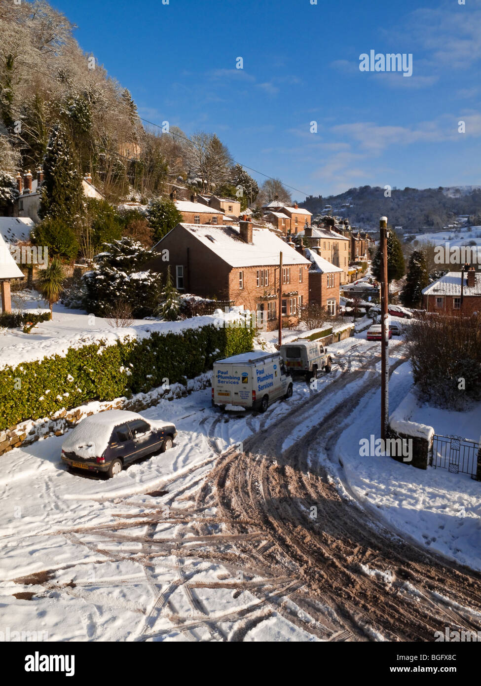 Snow scene at Matlock Bath in Derbyshire UK during the harsh winter ...