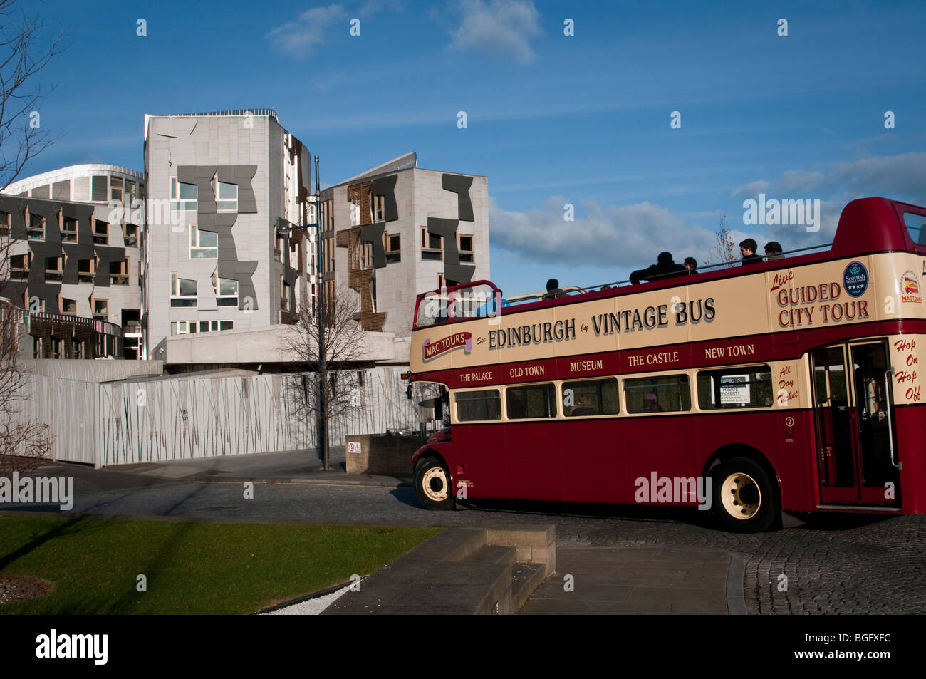 Scottish Parliament, tourist guided city tour on open top vintage bus ...