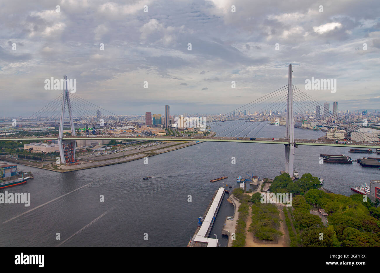 Bridge over Osaka harbour. View from ferris wheel, Tempozan harbor ...