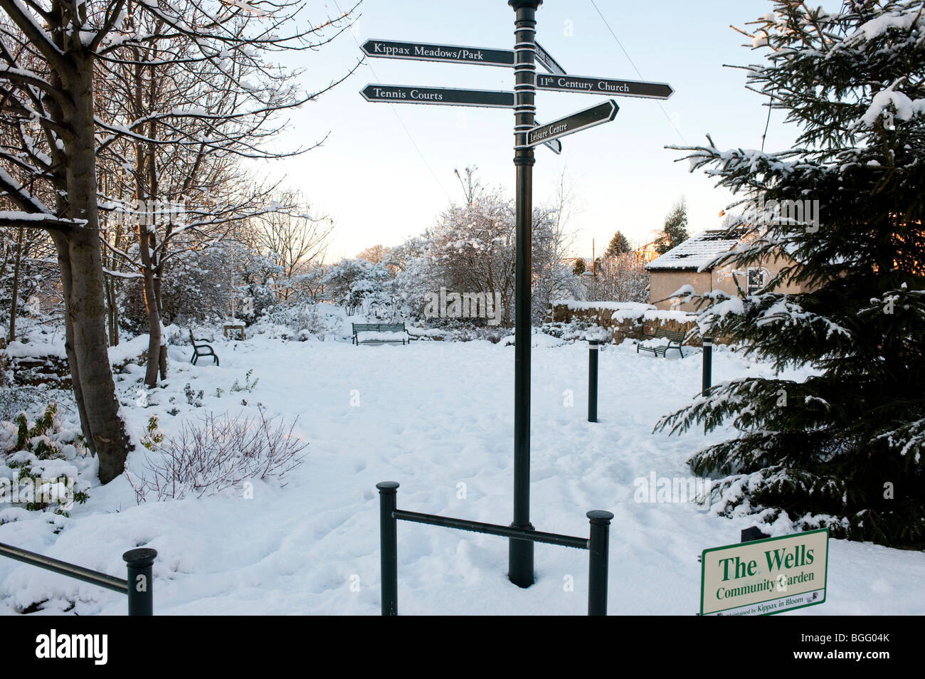 The Wells, Kippax, sign, signpost, Leeds, in the snow Stock Photo - Alamy