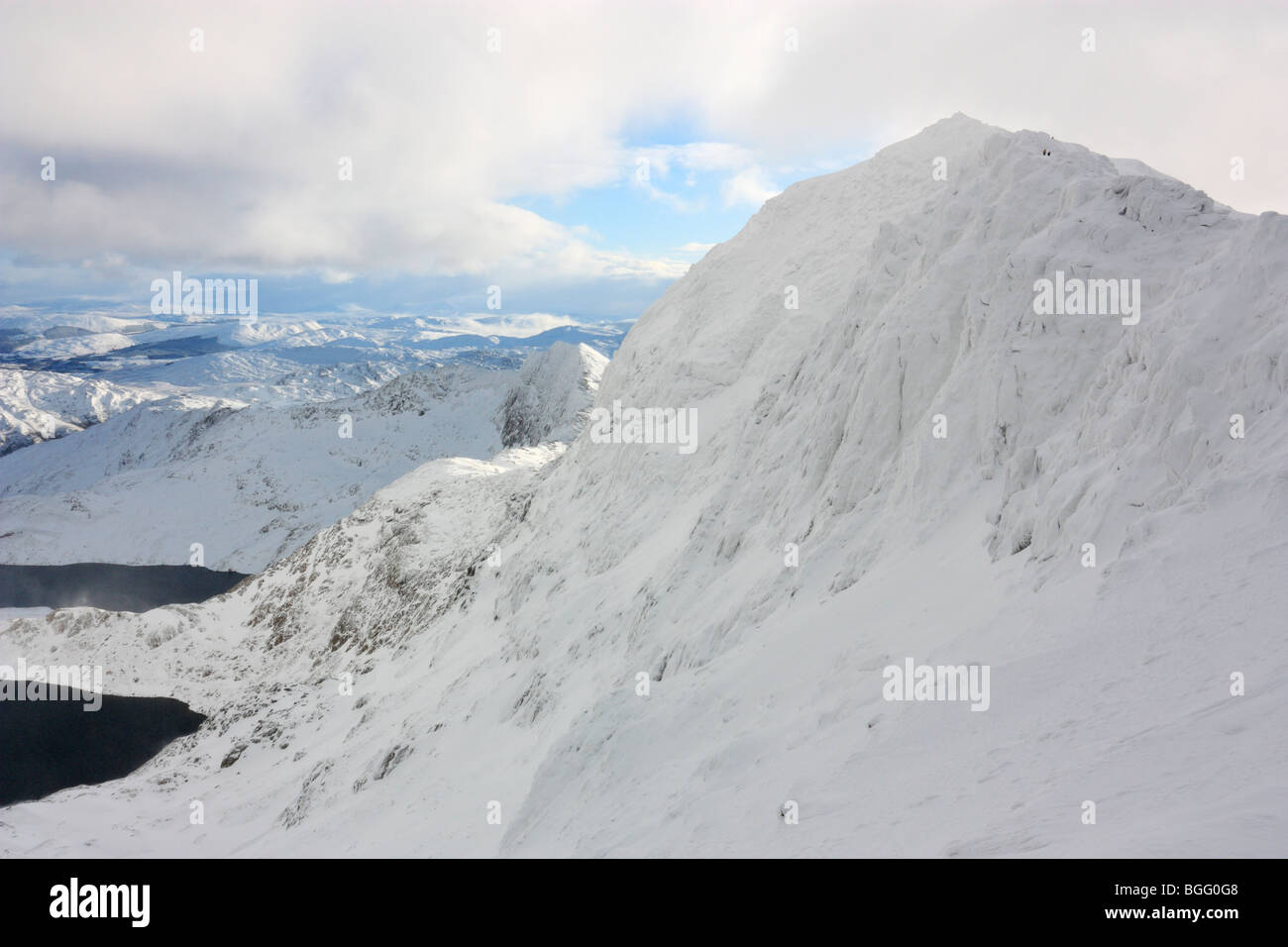 Yr Wyddfa, the summit of Snowdon under heavy snow cover. Taken from the ...