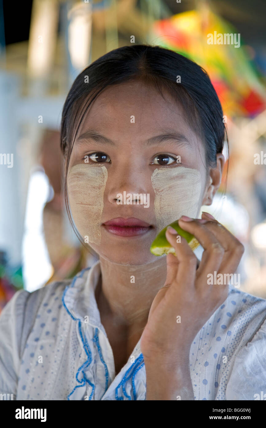 Woman with traditional make-up (thanakha). Mandalay. Myanmar Stock ...