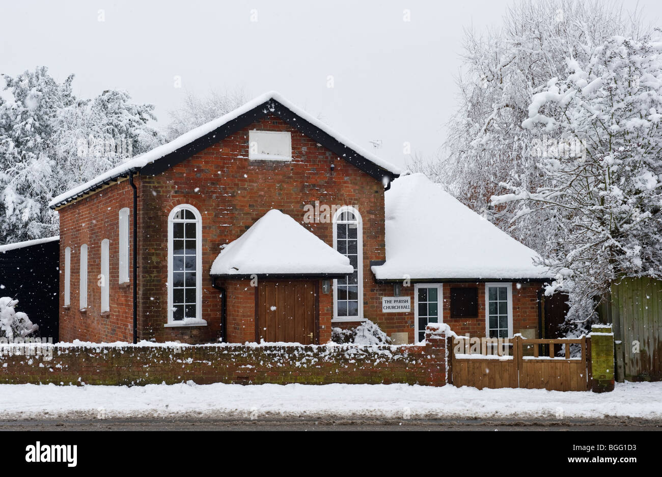 Seer Green rural village parish church hall covered in snow in Bucks UK ...