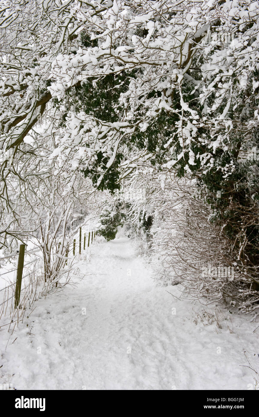 a countryside footpath under deep Winter snow in the Chilterns Stock ...