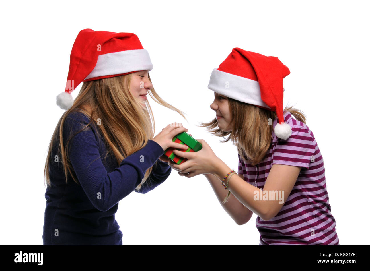 Two girls fighting over a present isolated on a white background Stock ...
