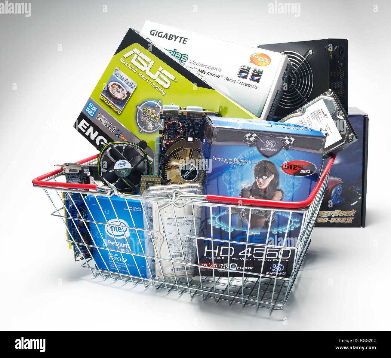 basket full of boxed computer componants Stock Photo - Alamy