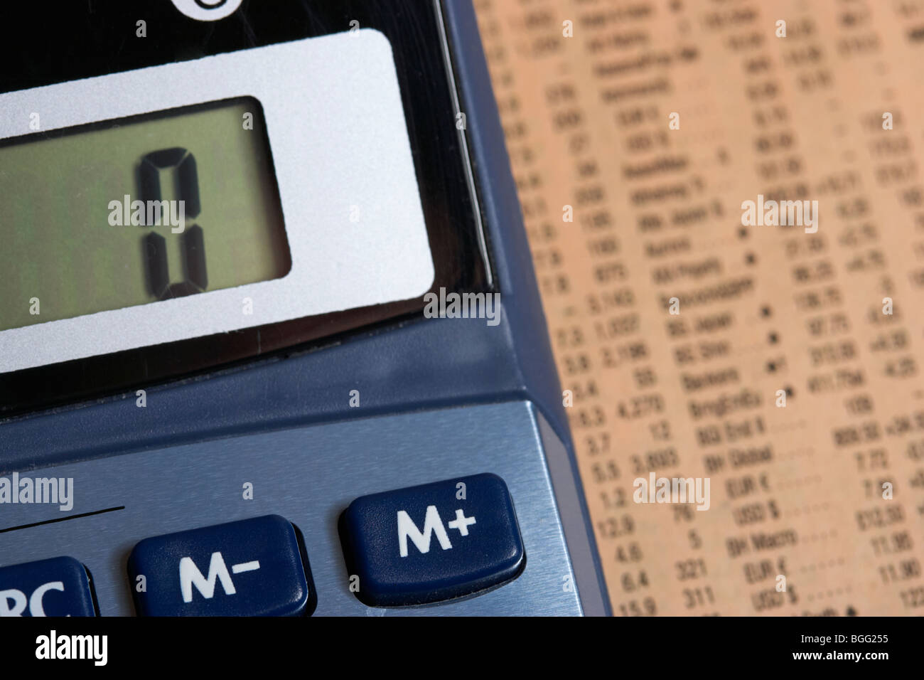 calculator with memory plus button focussed lying on a copy of the ...