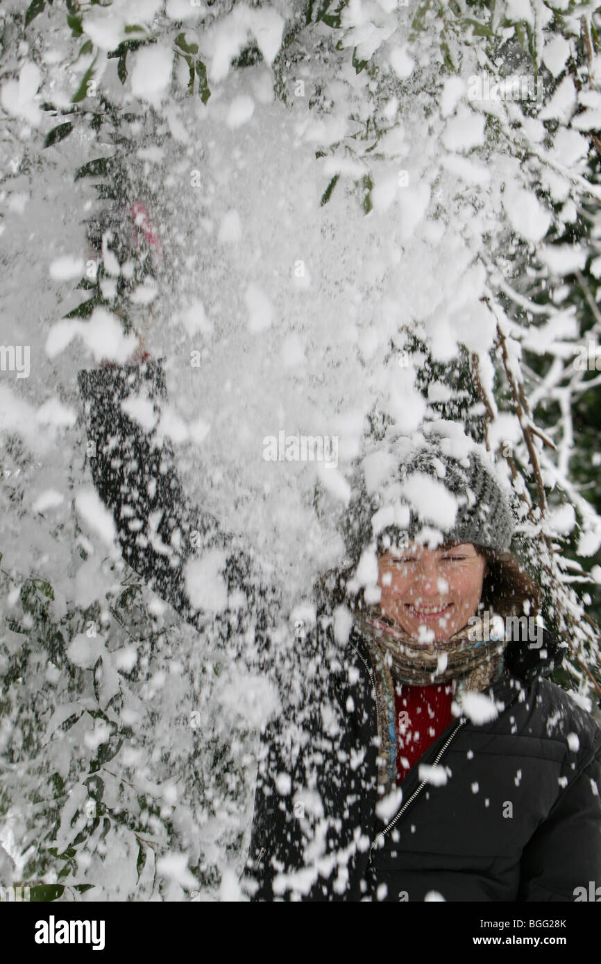 Young woman playing in a winter scene, pulling a snowy tree branch and ...