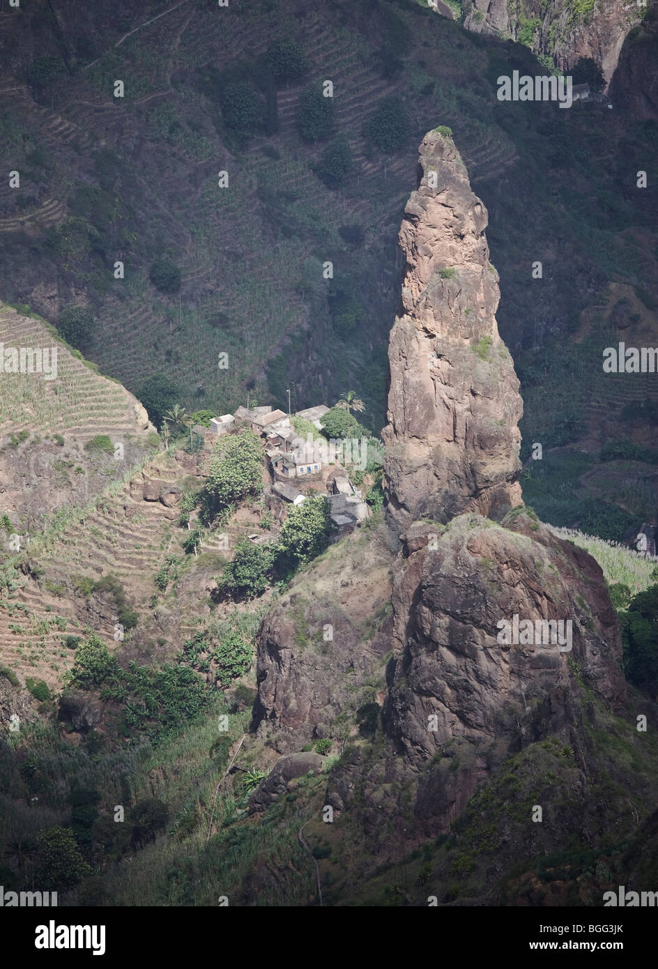 The pinnacle of Torre an ancient volcanic plug in the Ribiera de Torre ...