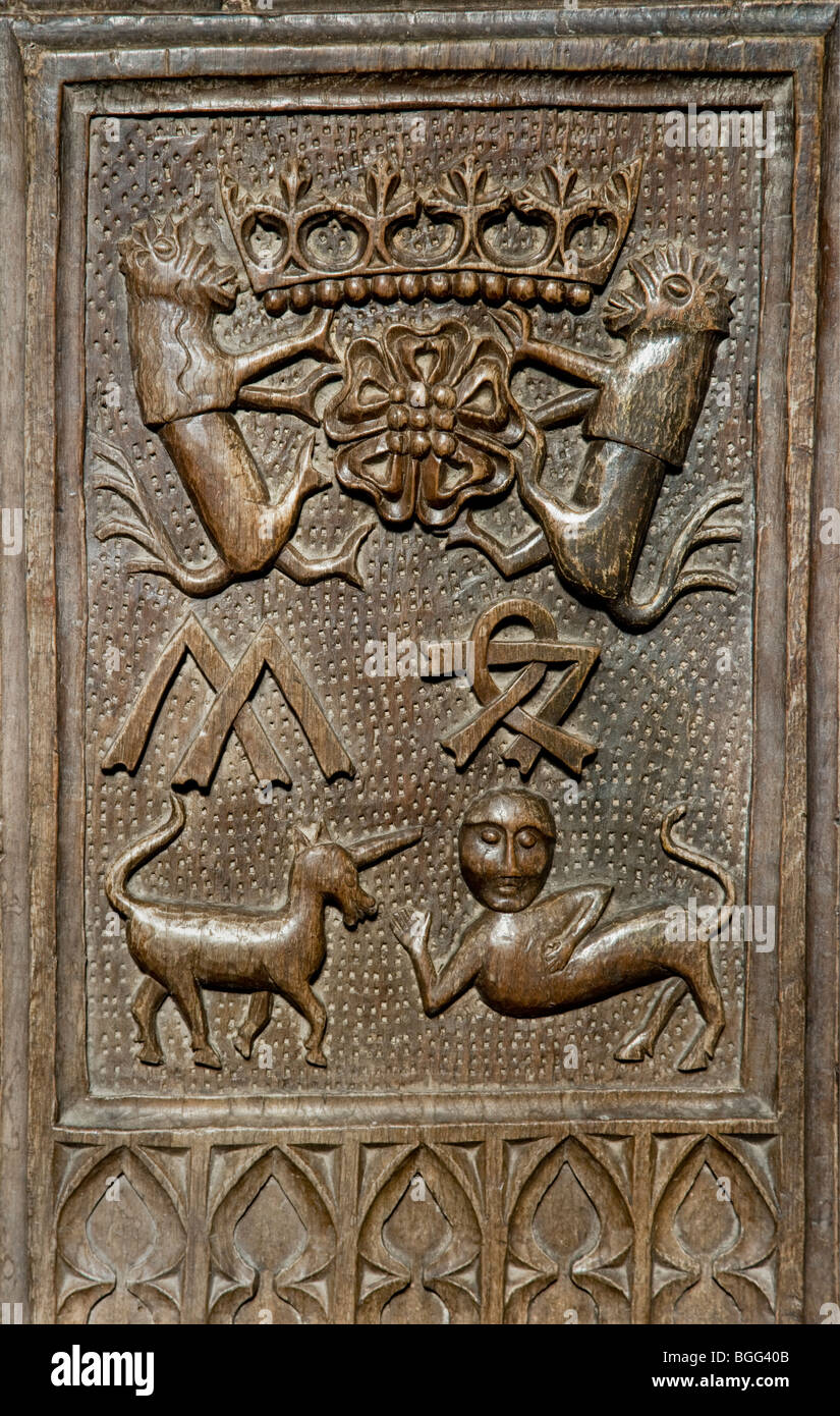 Carved medieval bench end showing the Lutteral coat of arms in the ...