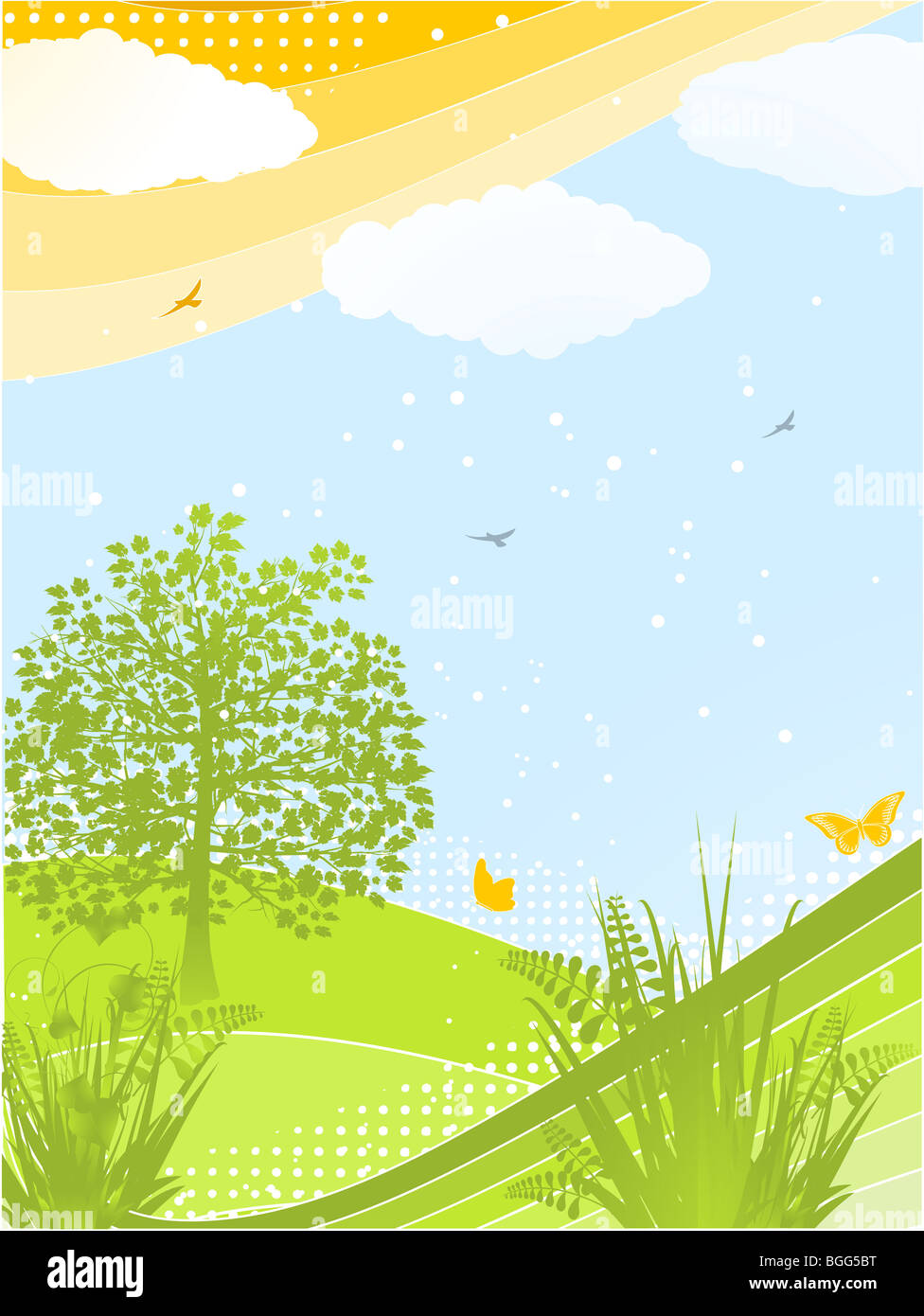 abstract spring landscape with green leafy tree, butterflies and birds ...
