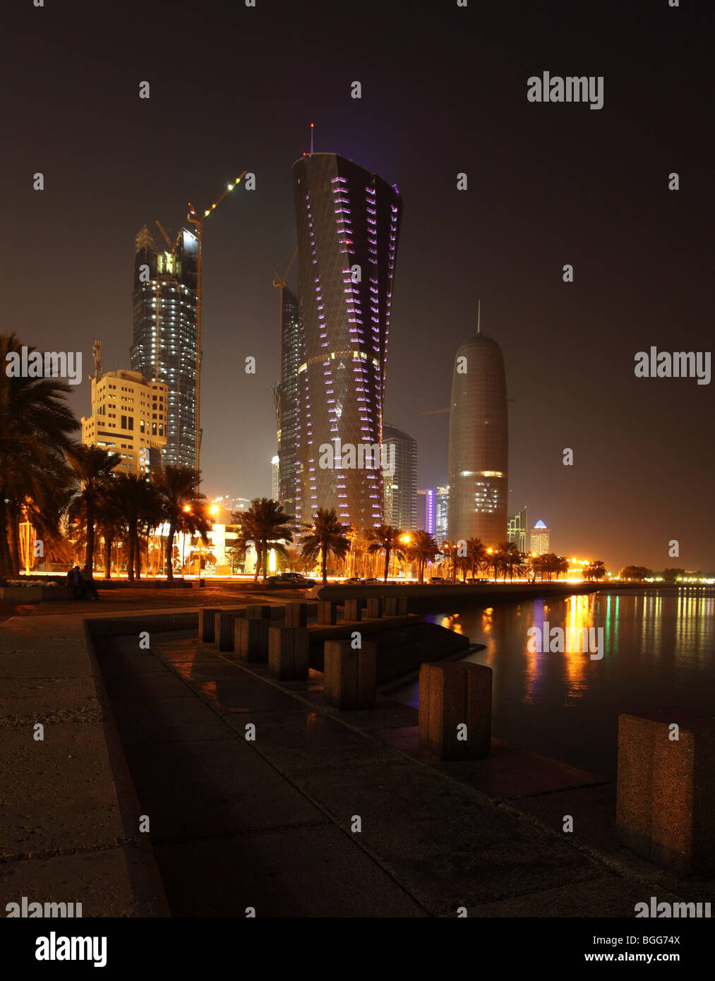 The towers on the Corniche in Doha, Qatar, at night, January 2010 Stock ...